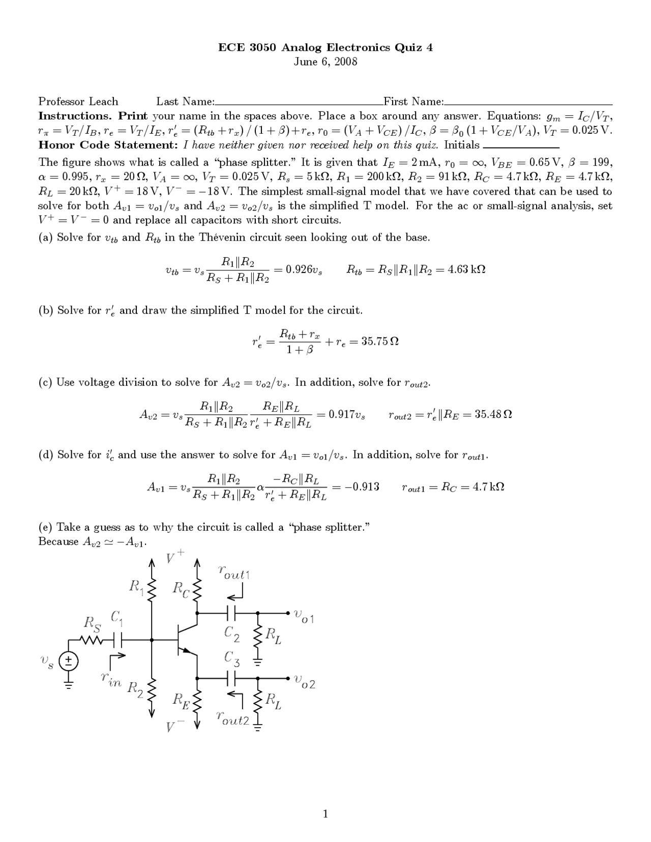 Solutions To Quiz 4 Analog Electronics Ece 3050 Docsity