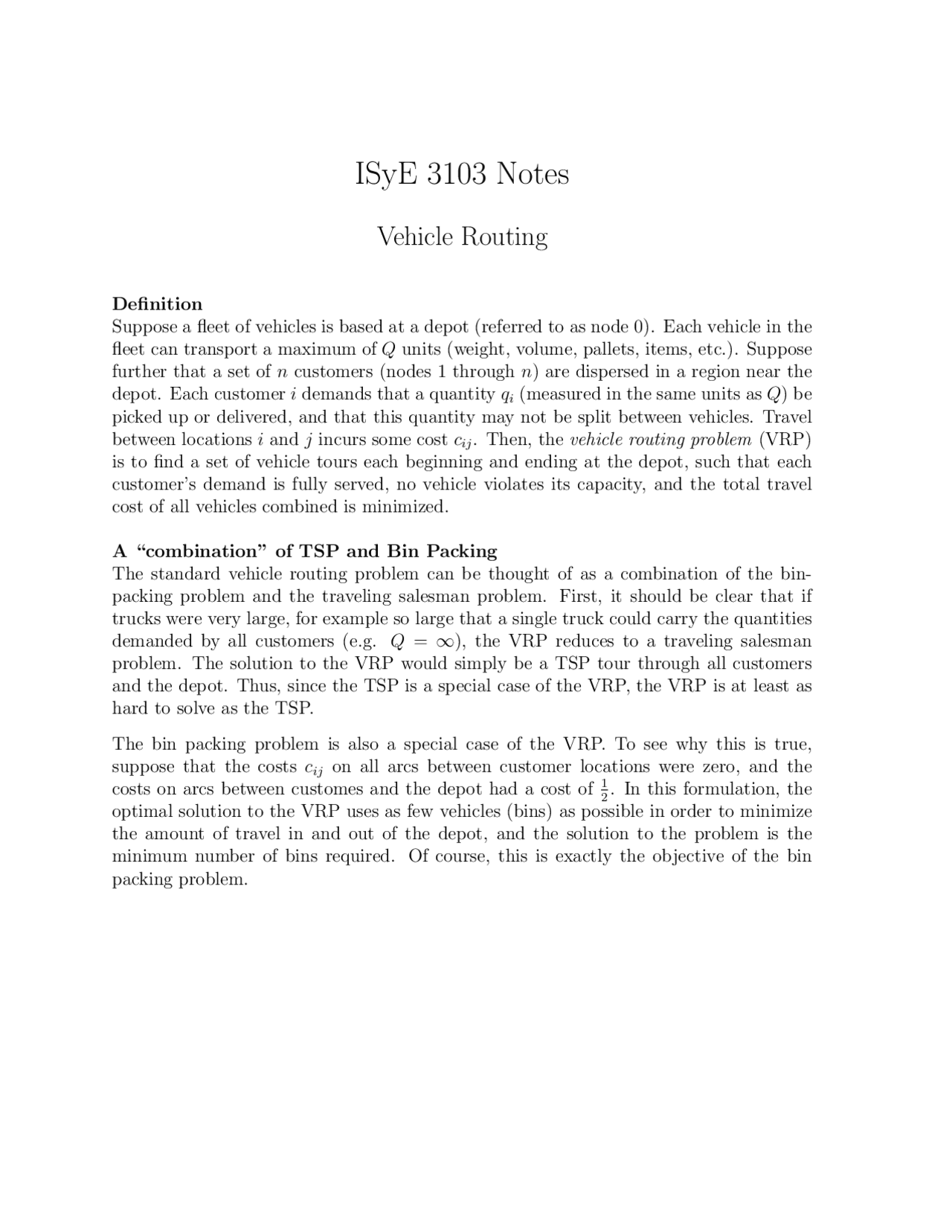 Definitions of Vehicle Routing and Combination of TSP and Bin Packs ...