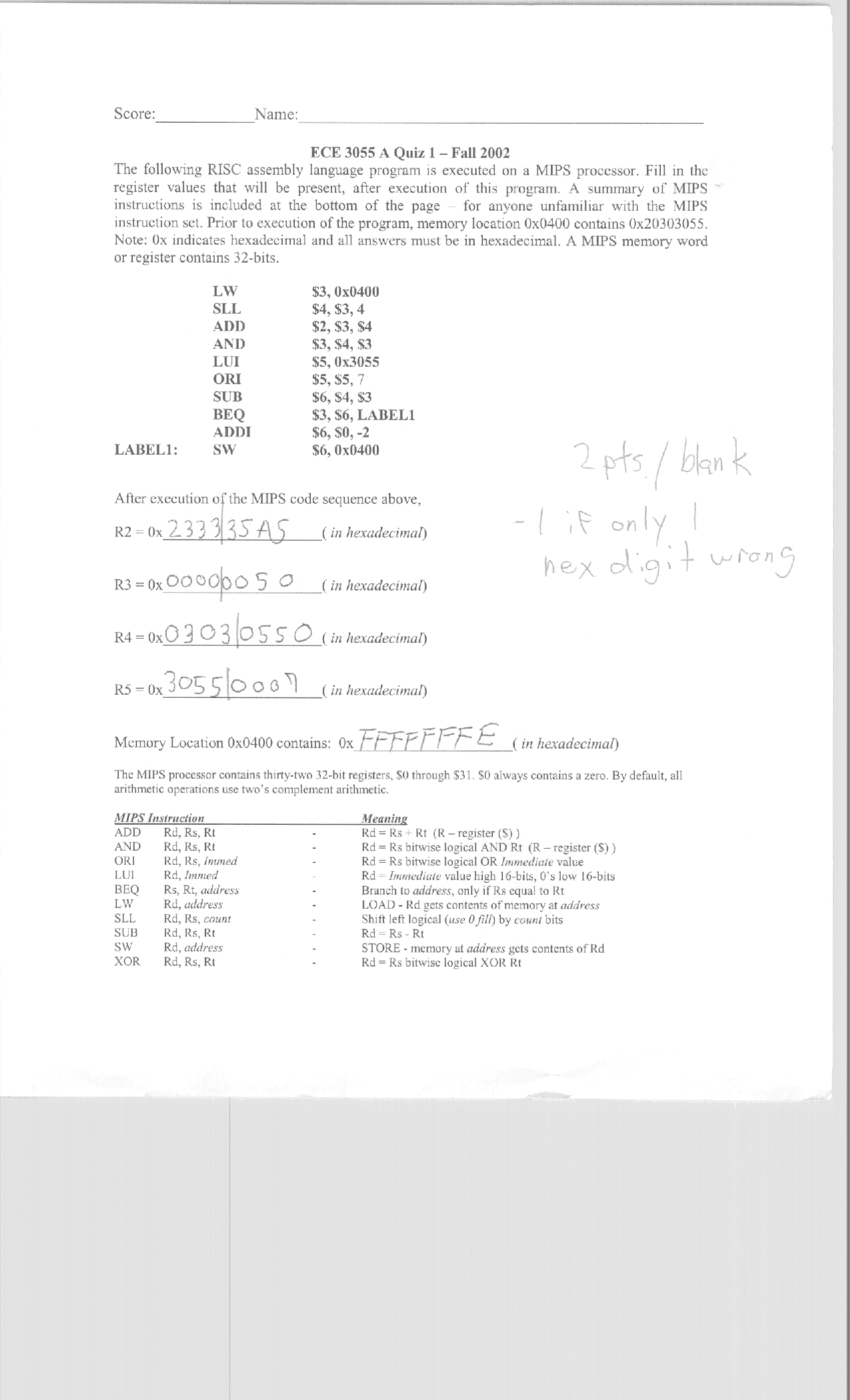 Quiz 1A with Answers - Computer Architecture and Operating Systems | ECE 3055 - Docsity