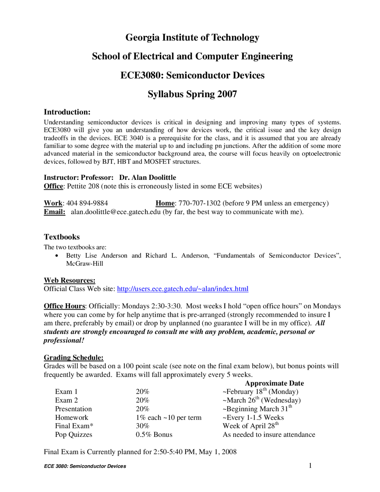 Semiconductor Devices Syllabus Spring 2007 Ece 3080 Docsity