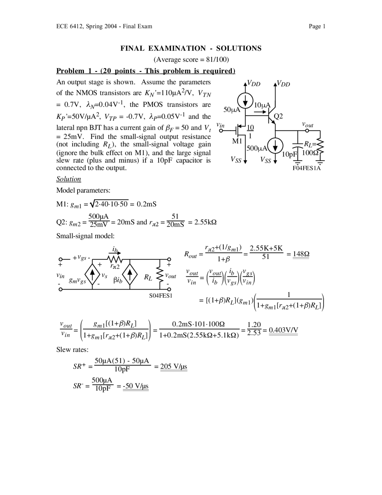 Final Examination Solutions Analog Integrated Circuit Design Ece
