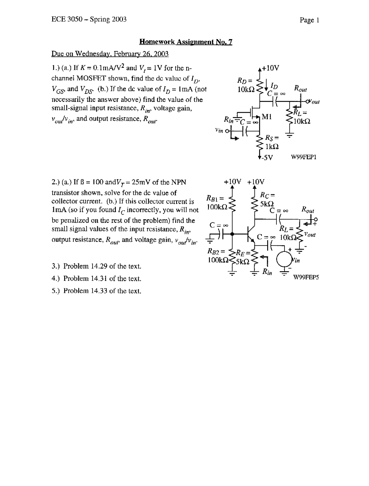 5 Questions On Analog Electronics Assignment 7 Ece 3050 Docsity