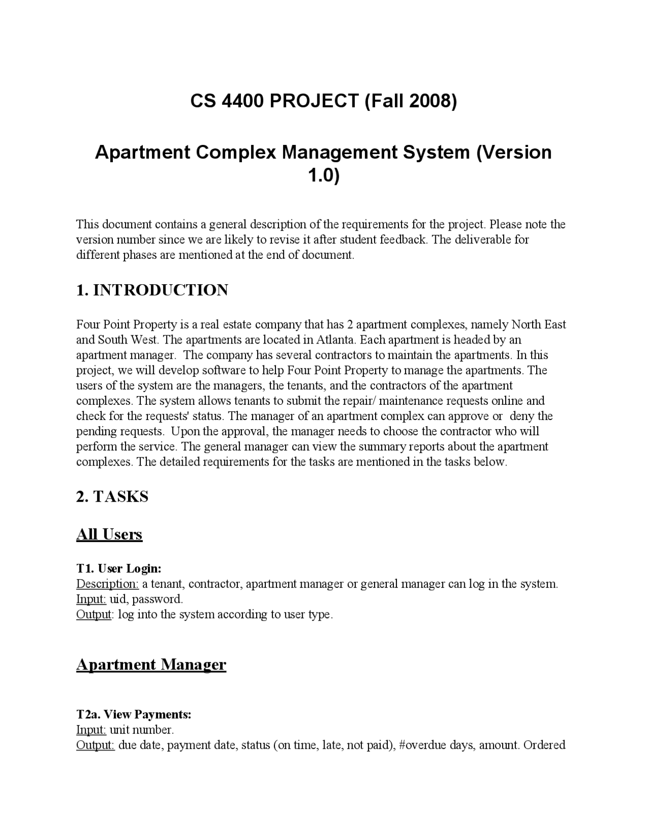 Apartment Complex Management System - Introduction to Database Systems | CS 4400 - Docsity