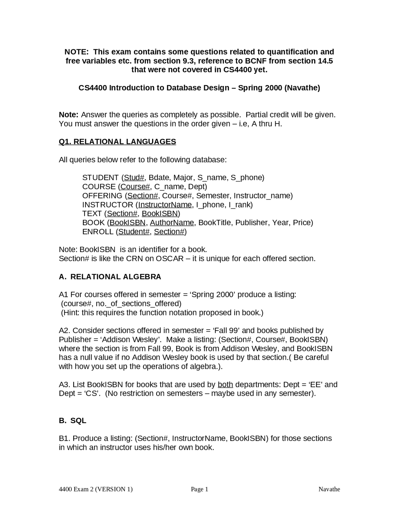 Relational Languages And Algebra In Database Systems Cs 4400 Docsity