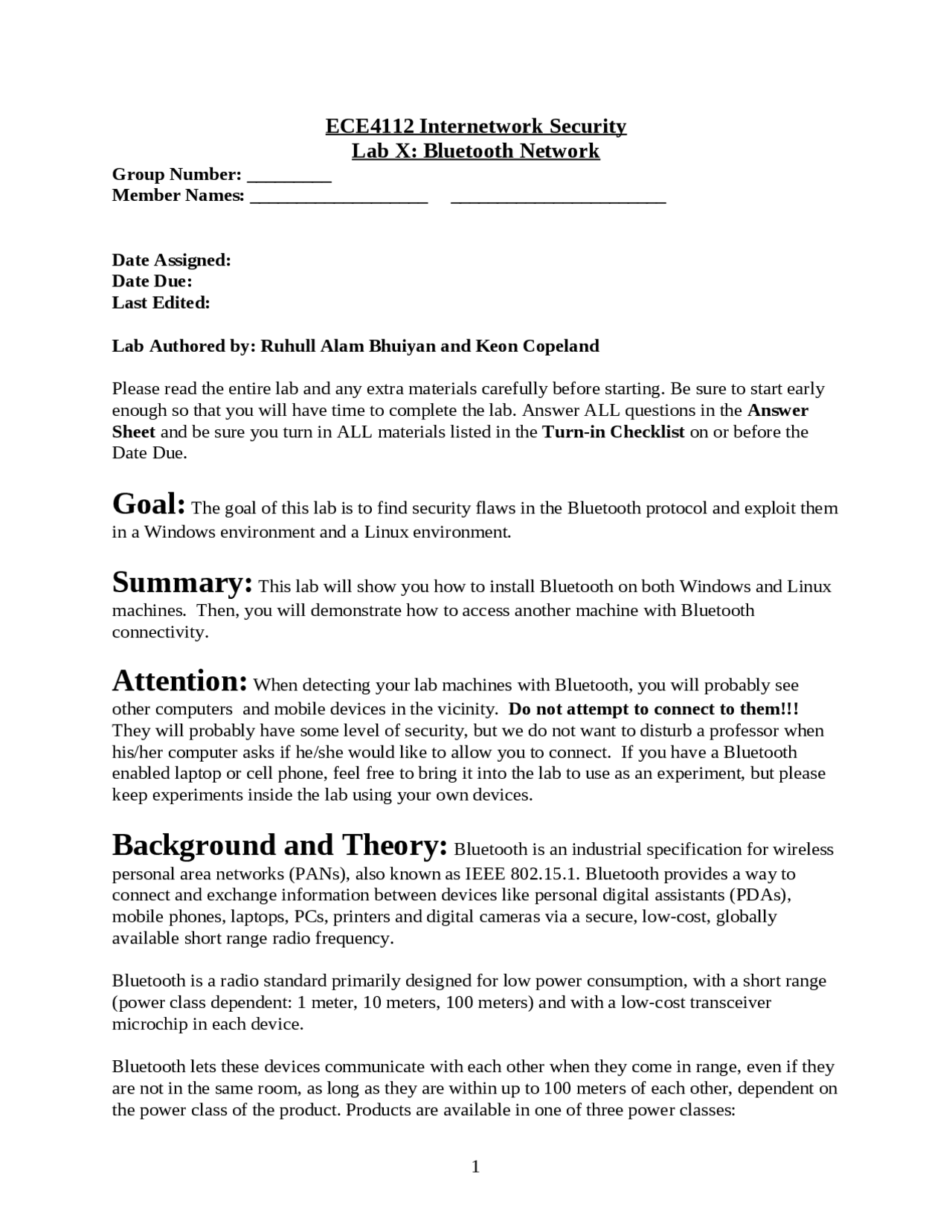 Bluetooth Network Internetwork Security Lab X Ece 4112 Docsity
