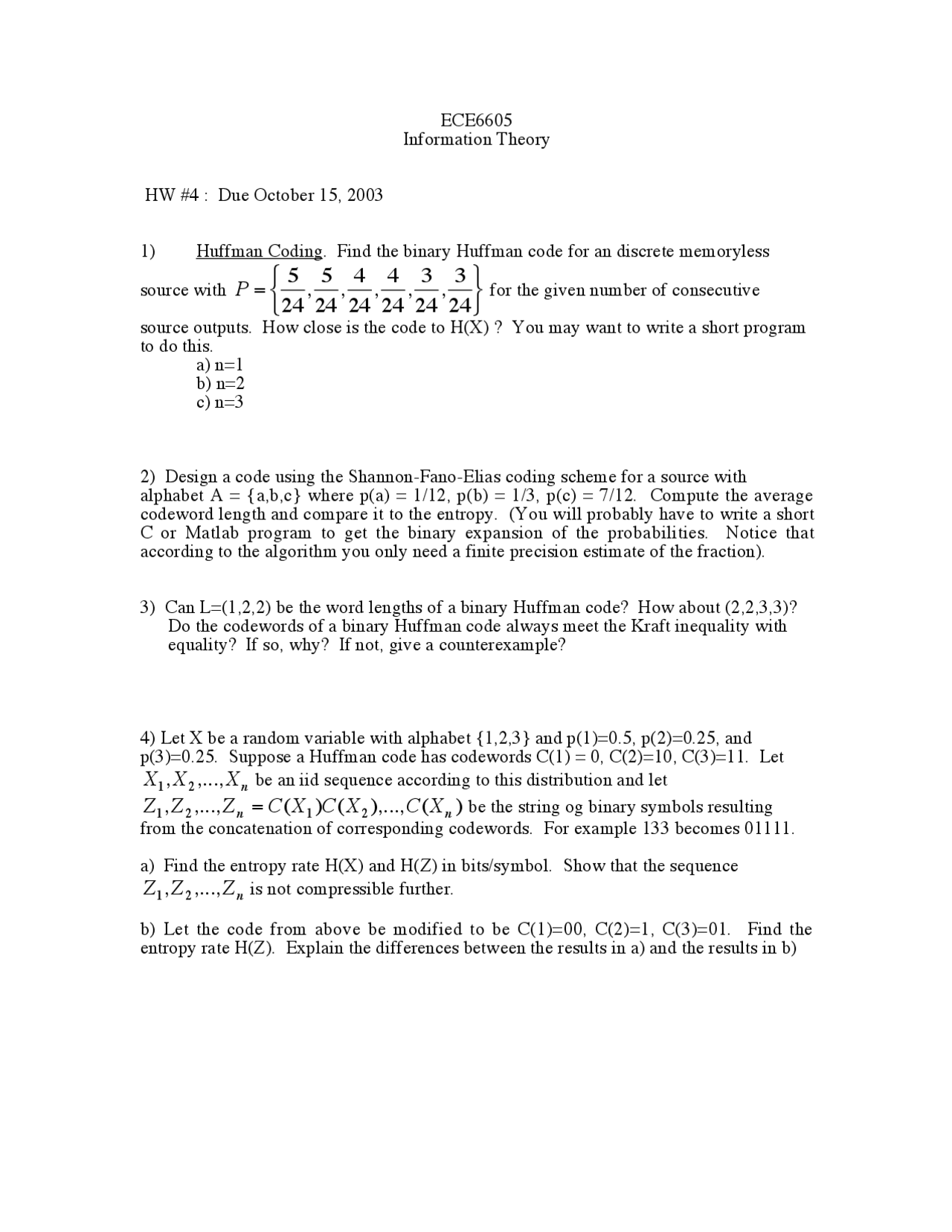 4 Problems On Huffman Coding In Information Theory Homework 4 Ece