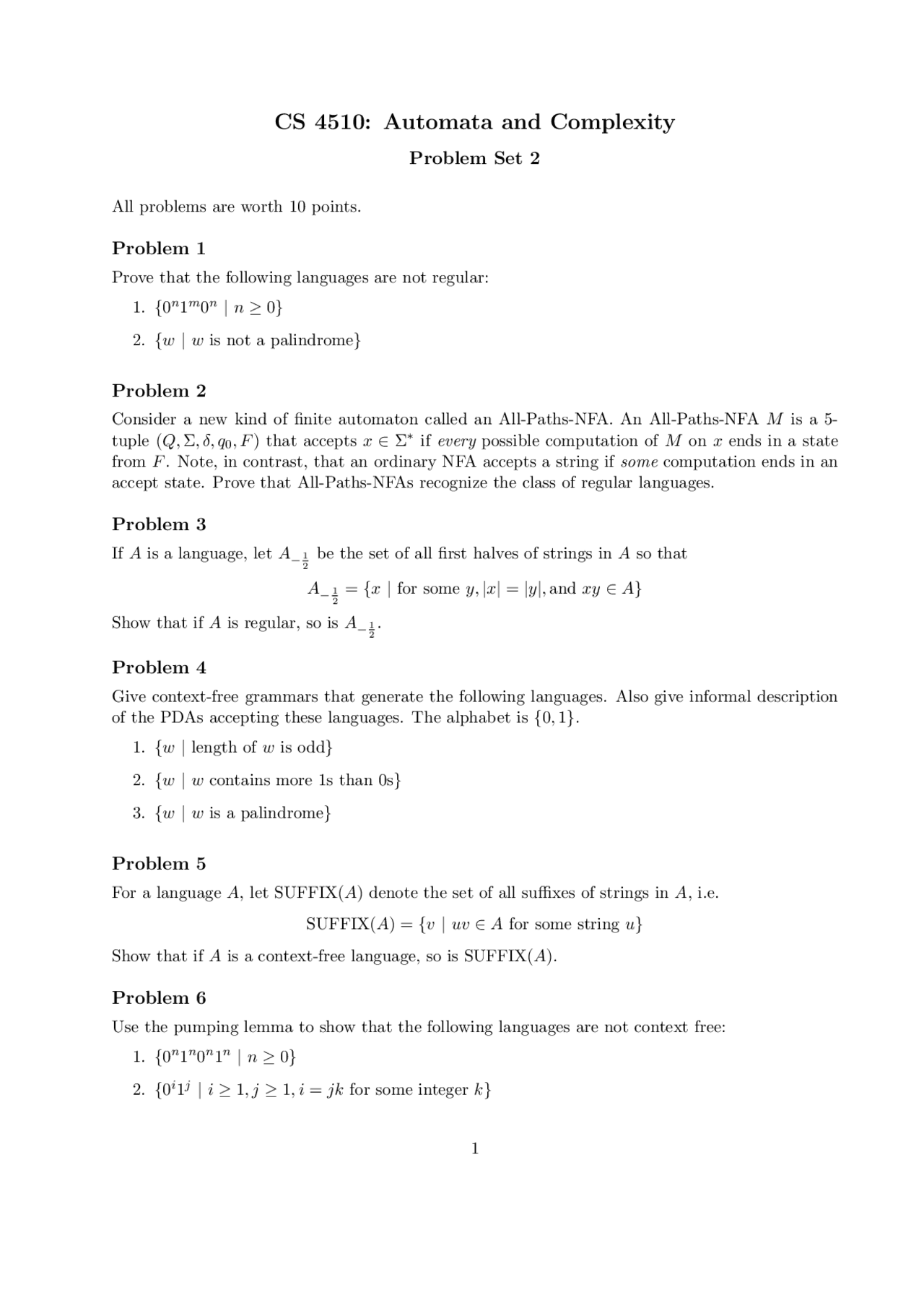 Problem Set 2 For Automata And Complexity Cs 4510 Docsity