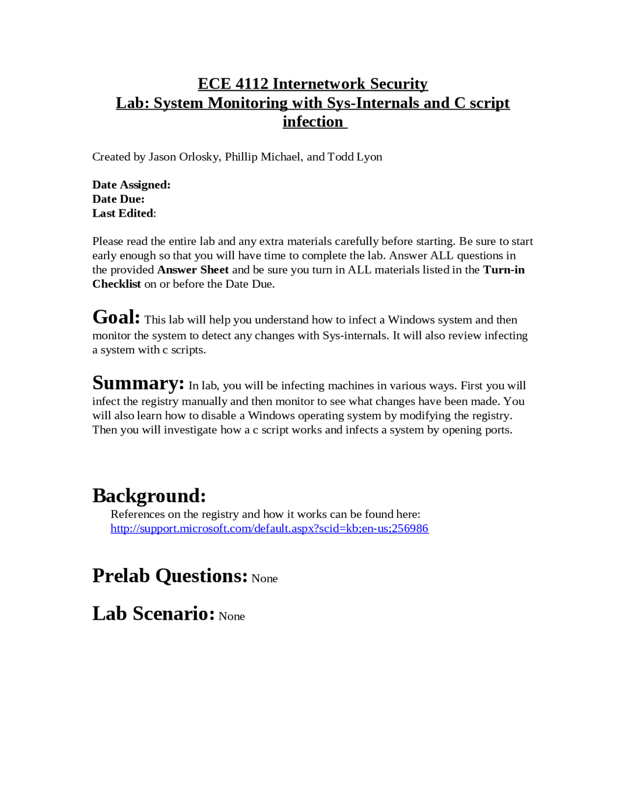 System Monitoring With System Internals And C Script Infection Ece 4112 Docsity