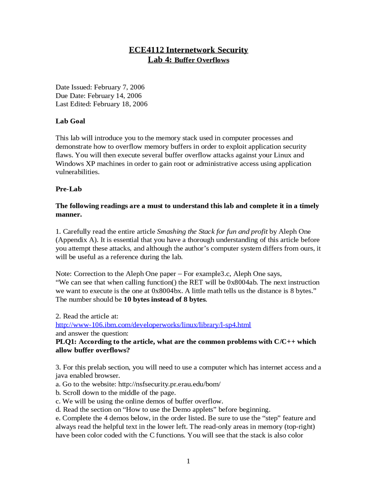 Internetwork Security Lab 4 Buffer Overflows Ece 4112 Docsity