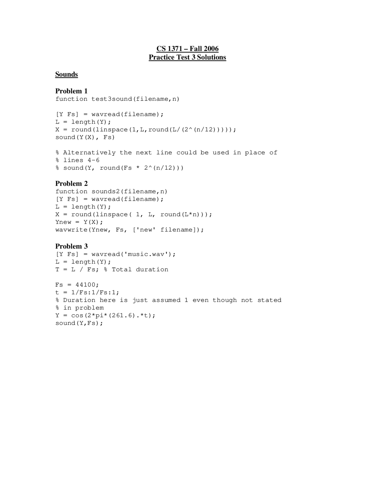 Practice Test 3 Solutions Computing For Engineers Cs 1371 Docsity