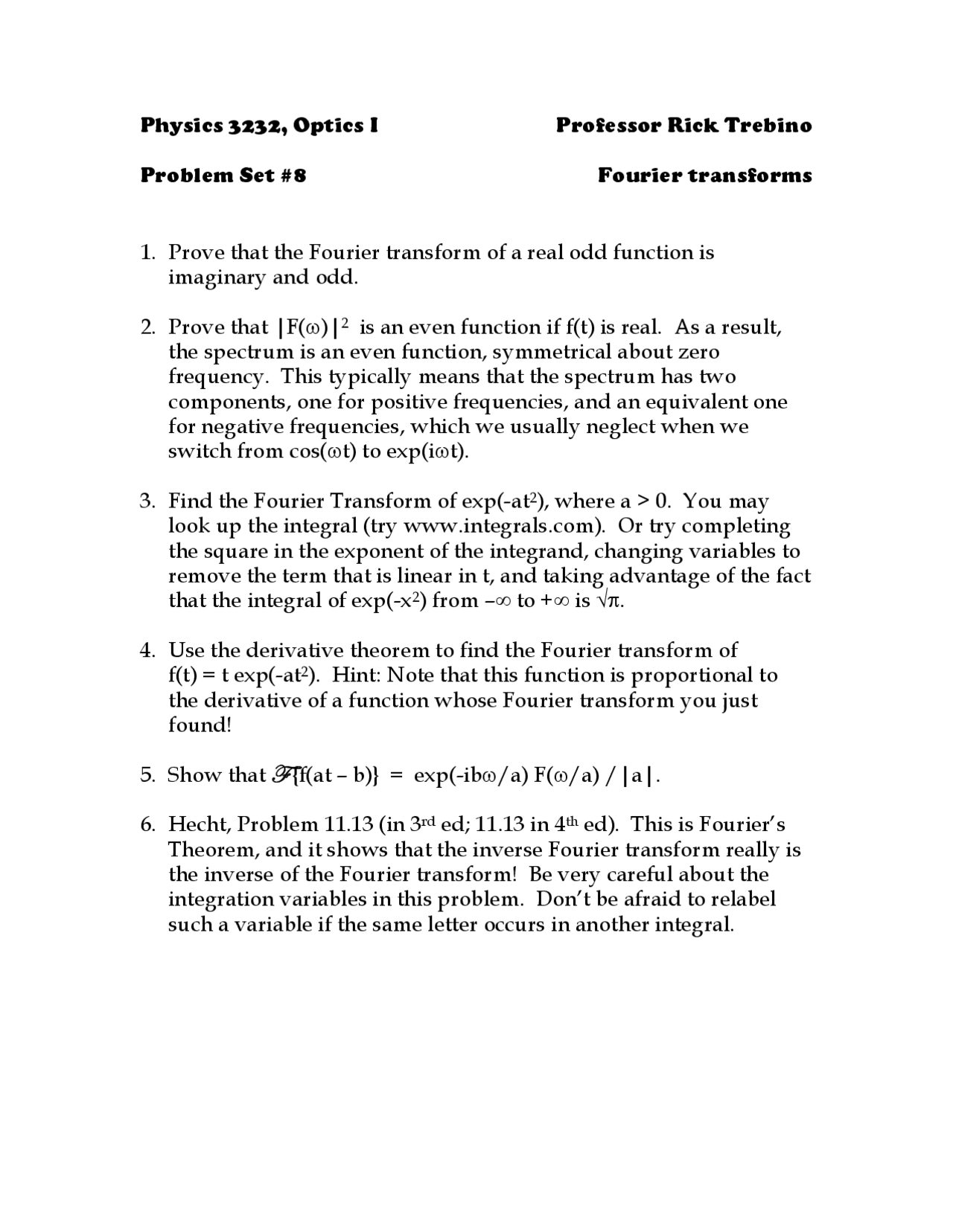 6 Problems On Fourier Transforms Assignment 8 Phys 3232 Docsity