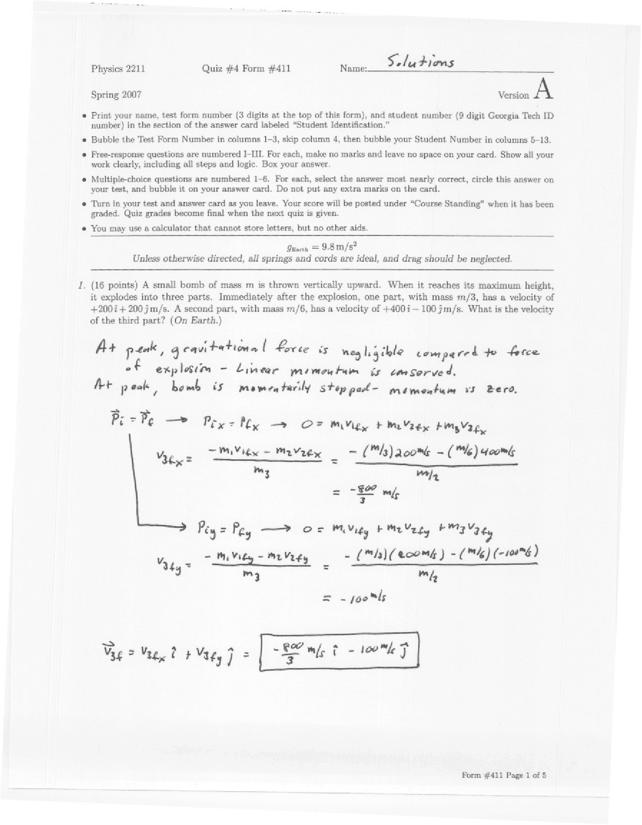 Quiz 4 Solutions Introduction Physics I Phys 2211 Docsity