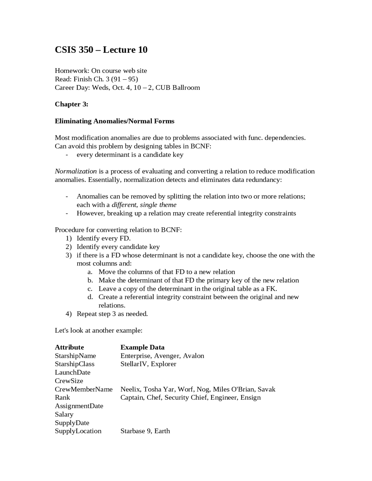 Notes On Eliminating Anomalies Database Management Systems Csis 350 Docsity