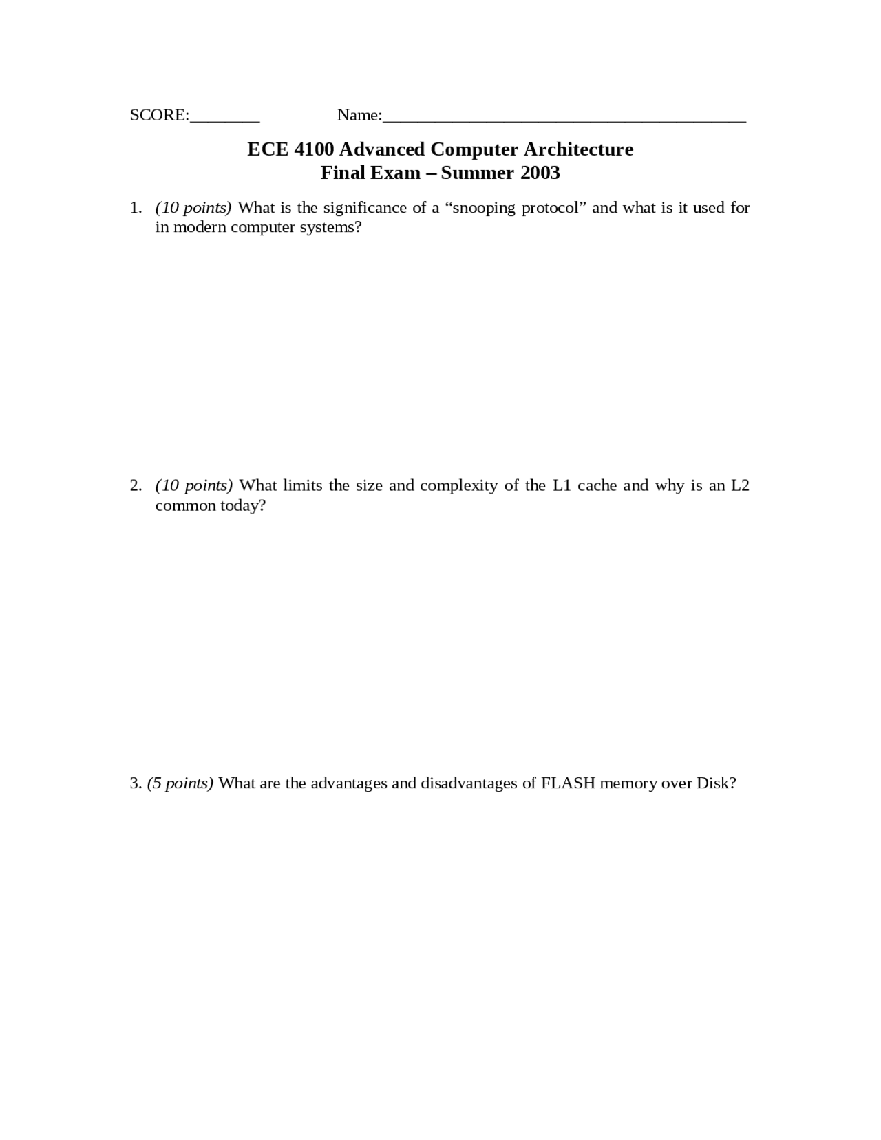 Final Exam Practice Advanced Computer Architecture Ece 4100 Docsity