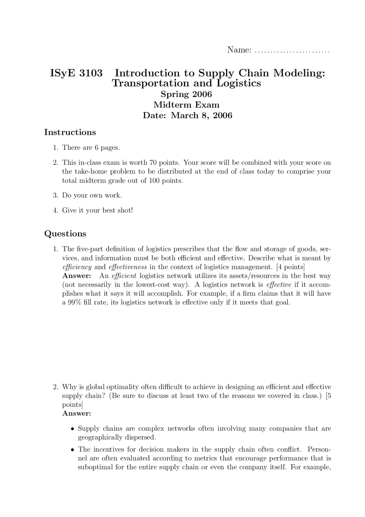 14 Solved Questions On Supply Chain Modeling Logistics Midterm