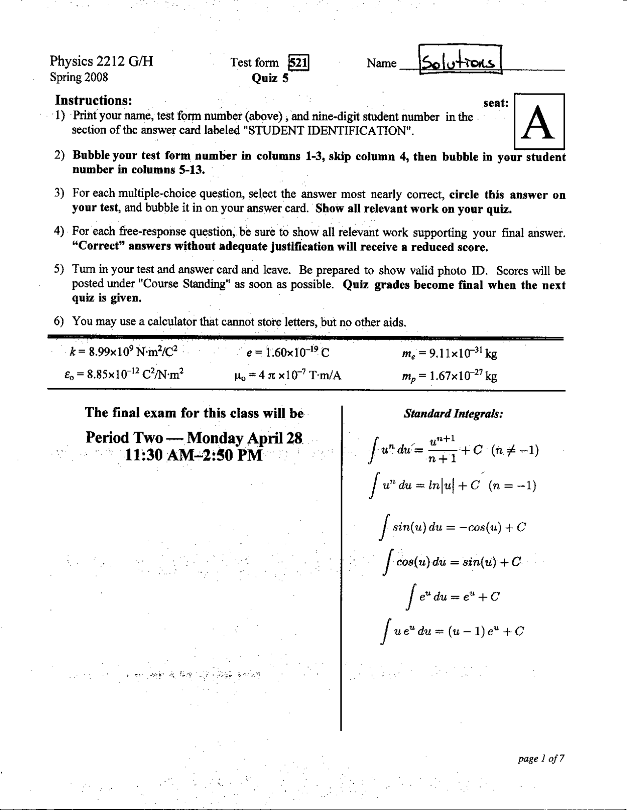 Introduction to Physics II - Quiz V Solved | PHYS 2212 - Docsity