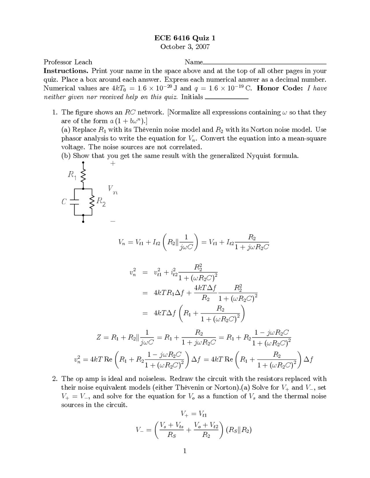 Solved Quiz 1 For Low Noise Electronic Design Ece 6416 Docsity