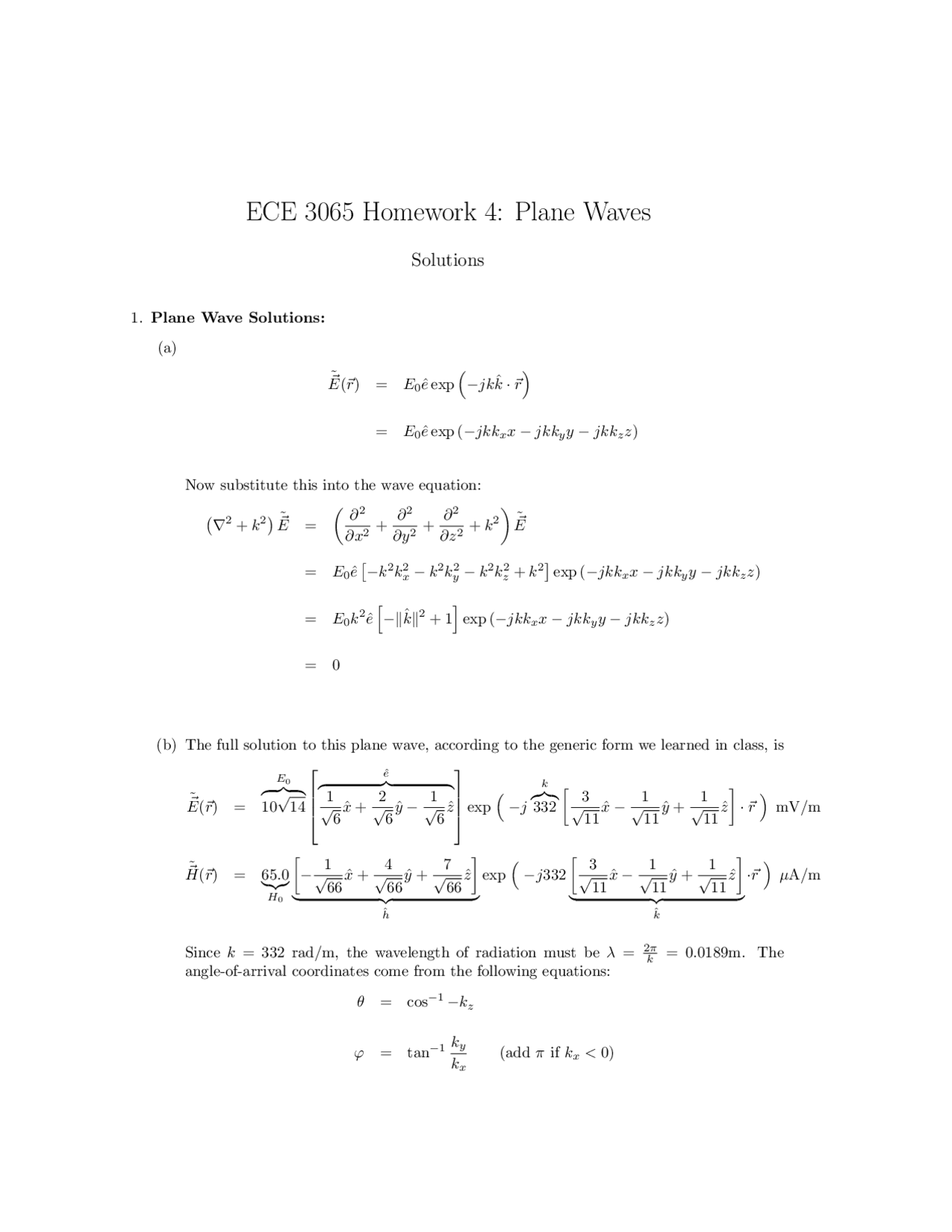 Plane Waves Homework 4 Solutions Electromagnetic Applications Ece