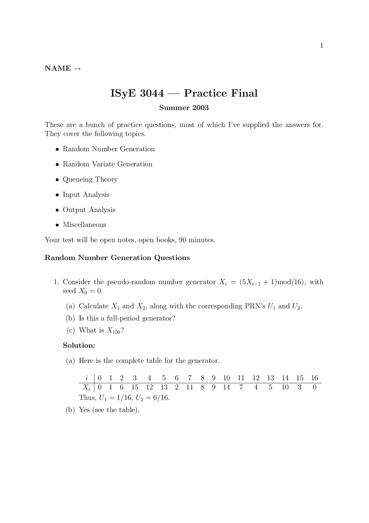 Simulation Analysis And Design Practice Final 2003 Isye 3044 Exams Systems Engineering