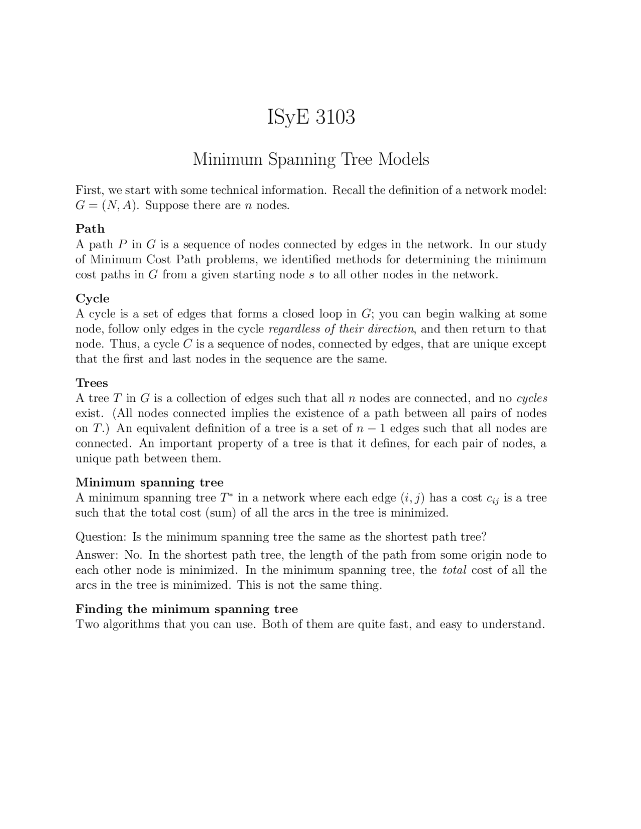 Minimum Spanning Tree Models Lecture Notes Isye 3103 Docsity