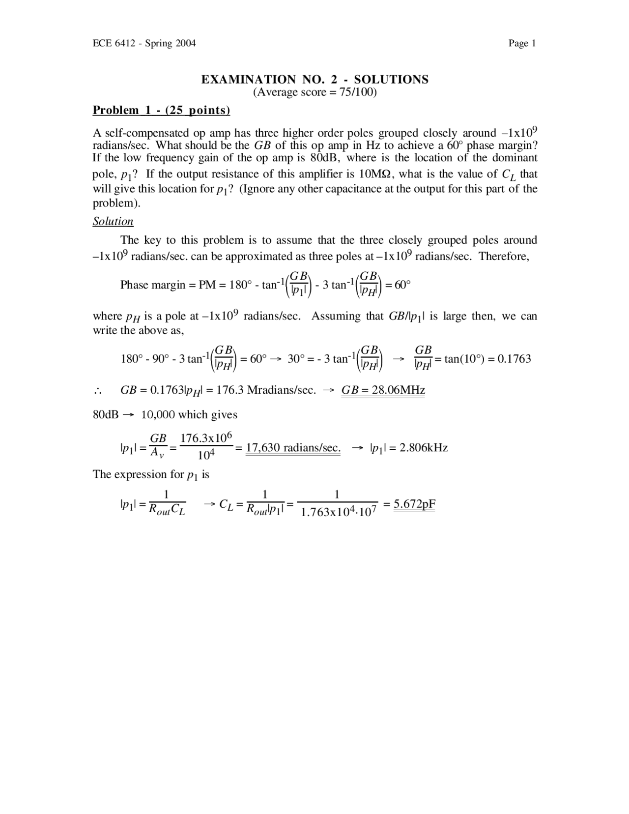 Exam 2 With Solution For Analog Integrated Circuit Design Ece 6412