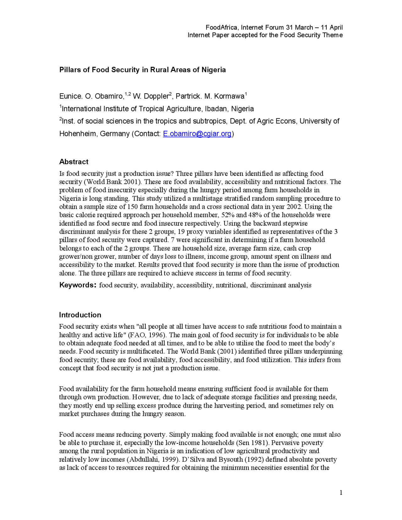 Pillars of Food Security in Rural Areas of Nigeria - Fall 2001 | INTA ...