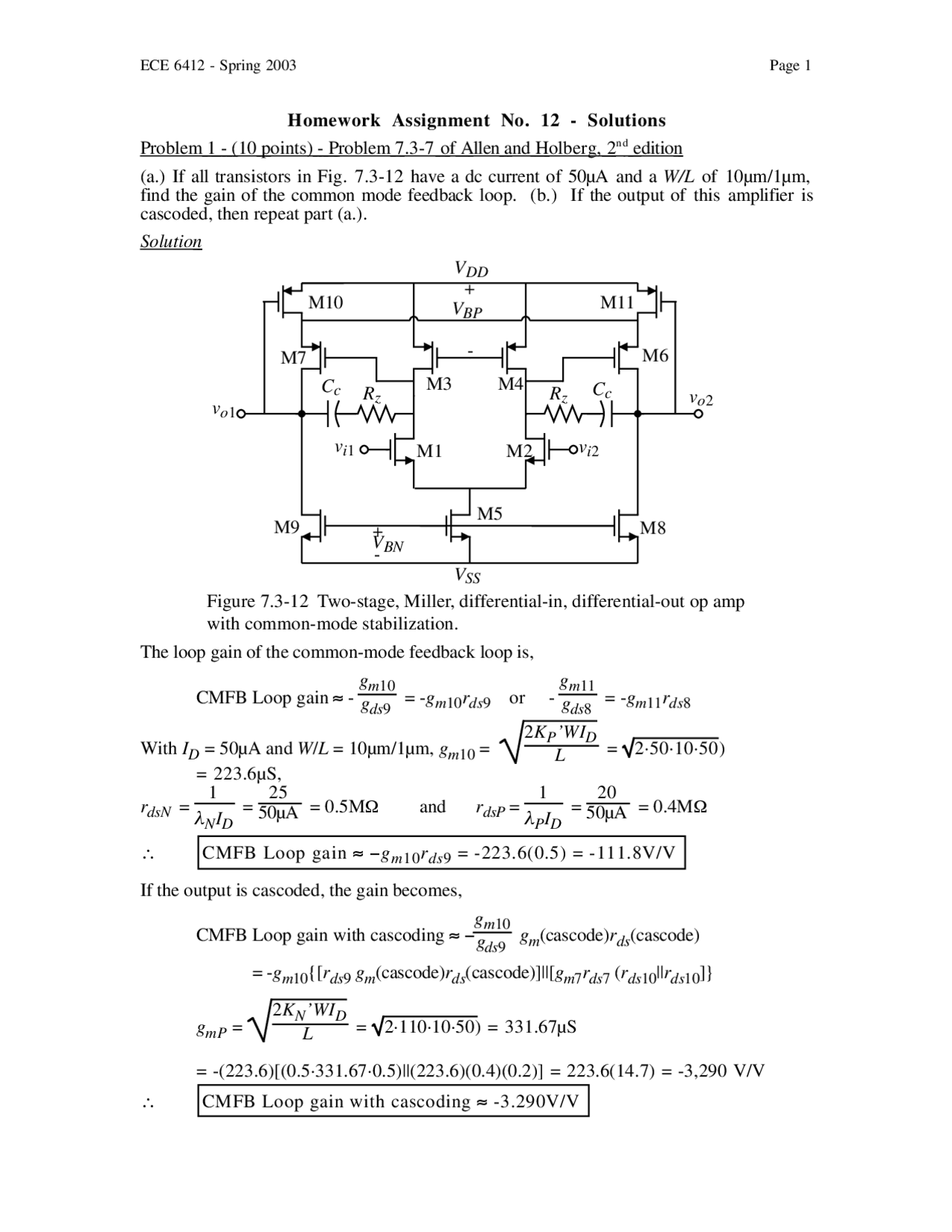 Solutions For Assignment 12 Analog Integrated Circuit Design Ece