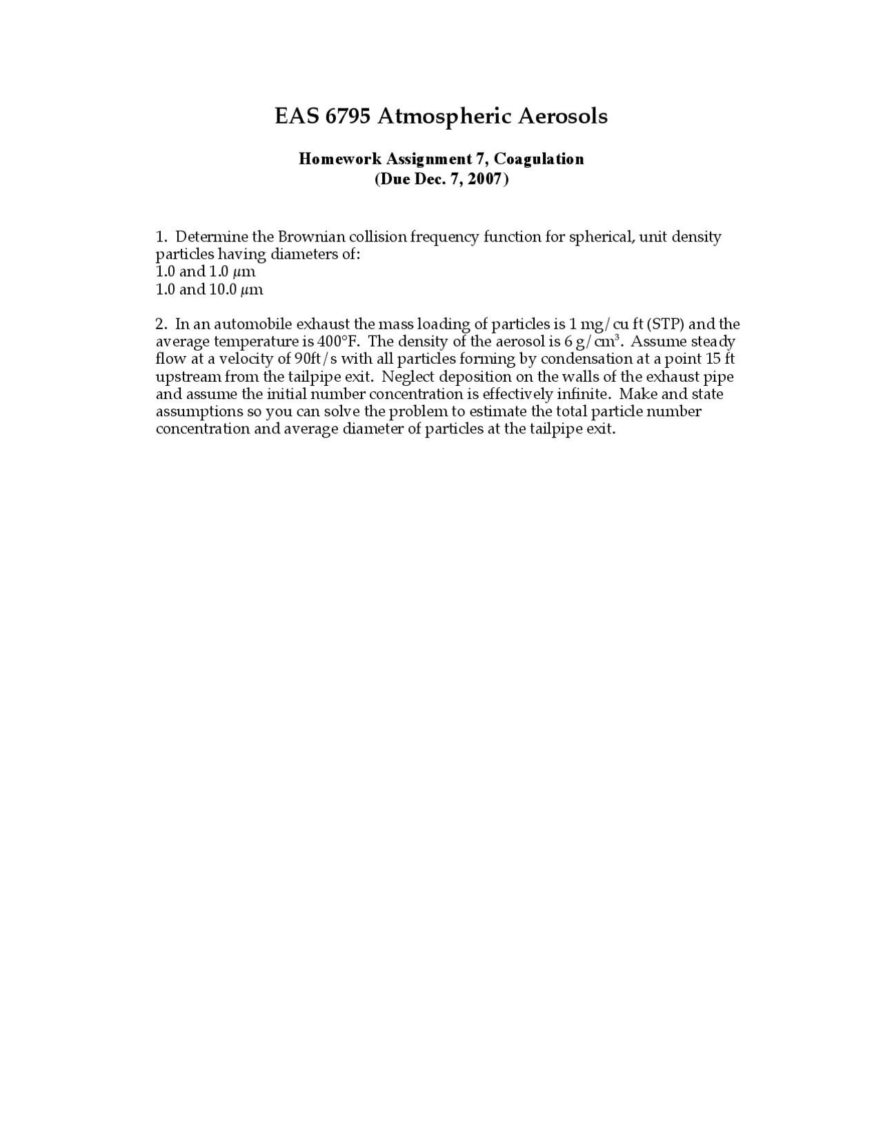 2 Problems On Coagulation In Atmospheric Aerosol Assignment 7 Eas