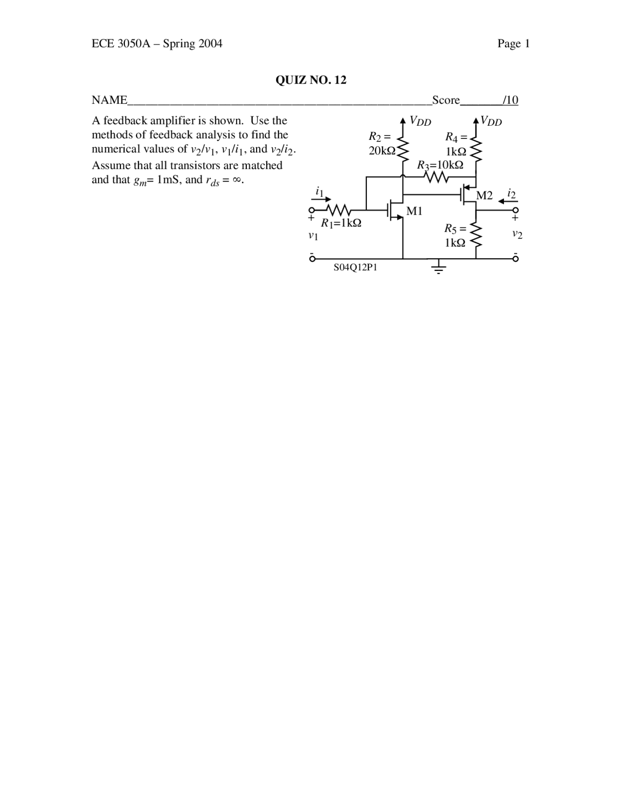 Unsolved Problem On Analogue Electronics Quiz 12 Ece 3050 Docsity
