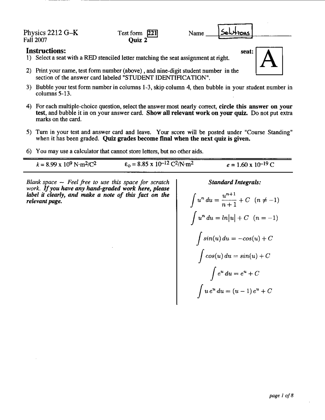 Quiz II Solved - Introduction to Physics II | PHYS 2212 - Docsity
