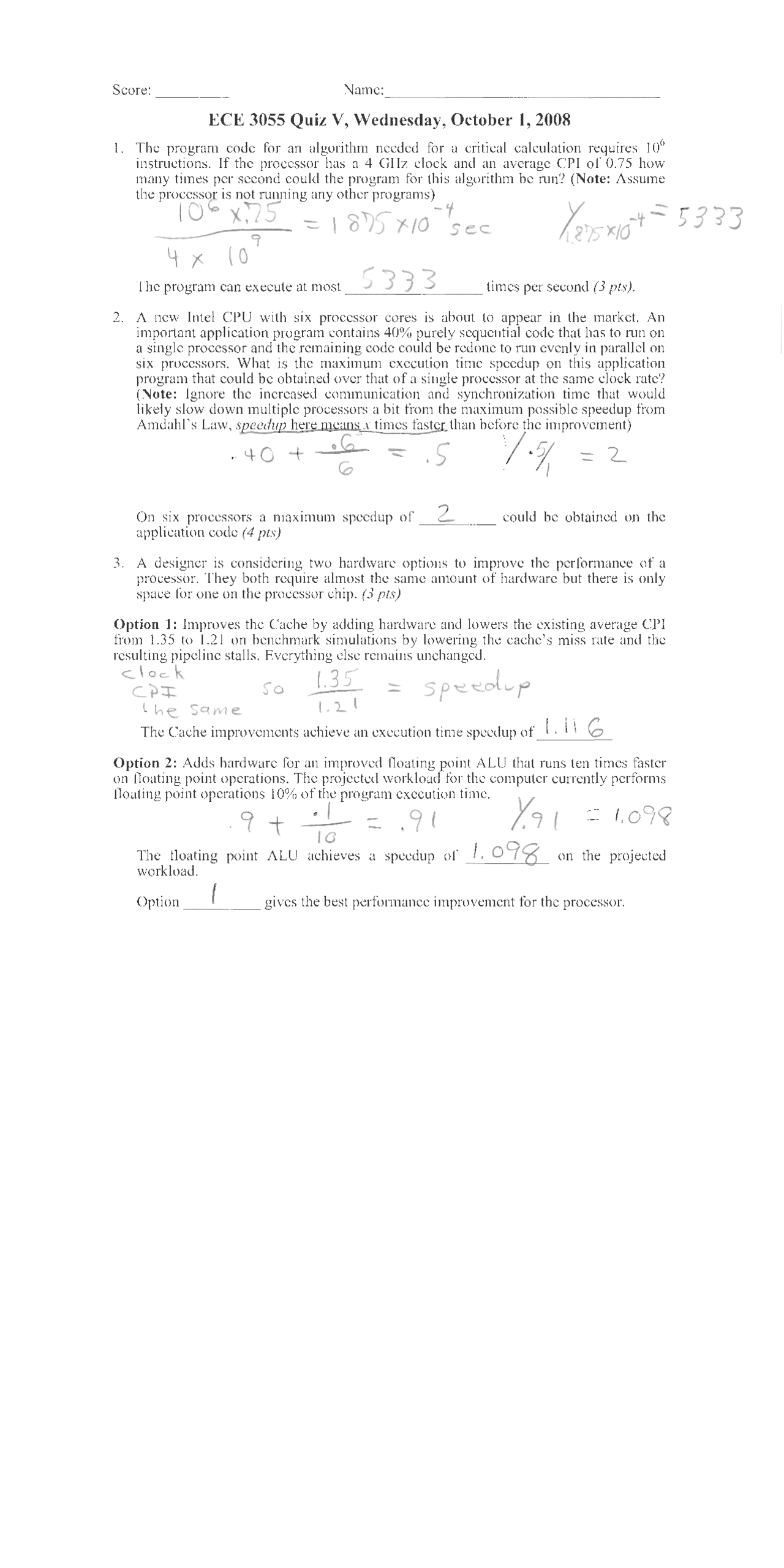 Quiz V Solutions Computer Architecture And Operating Systems Ece 3055 Docsity