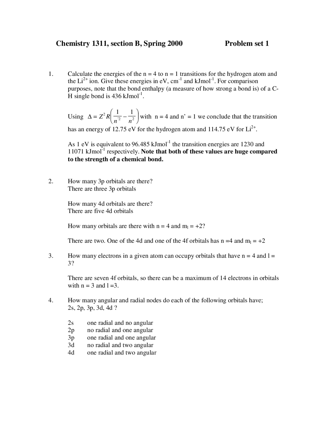 Problem Set 1 Inorganic Chemistry I Chem 1311 Docsity