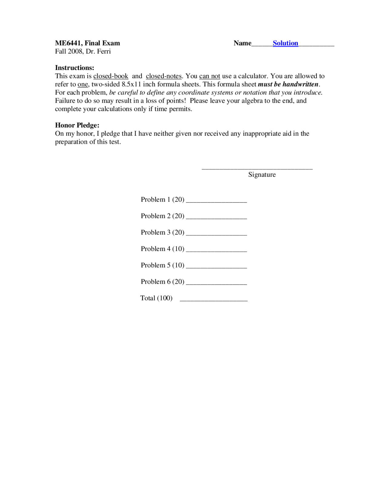 Final Exam Questions with Solutions - Dynamics-Mechanical Systems | ME 6441 | Exams Mechanical ...
