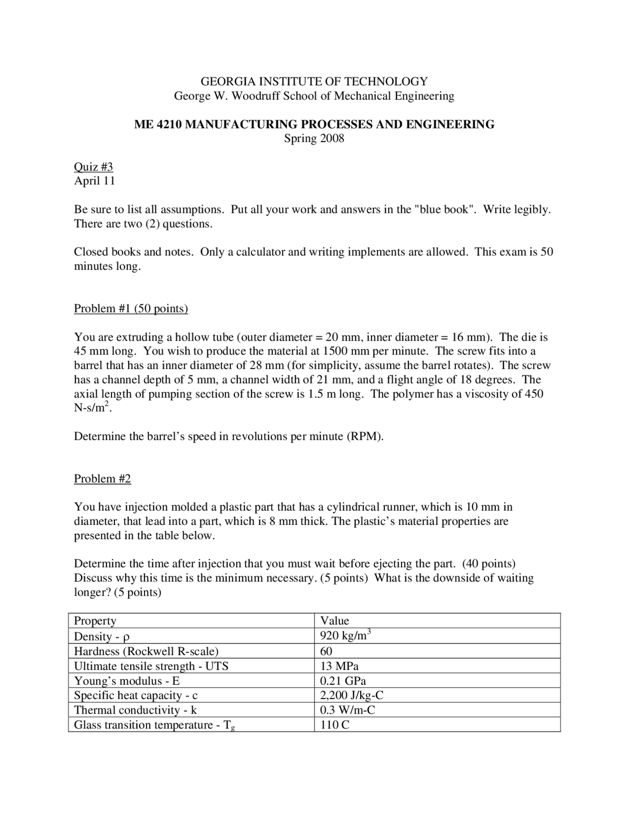 Quiz 3 With 2 Problems Manufacturing Processes And Engineering Me