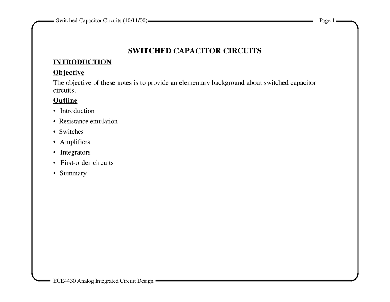 Switched Capacitor Circuits Lecture Notes Ece 4430 Docsity