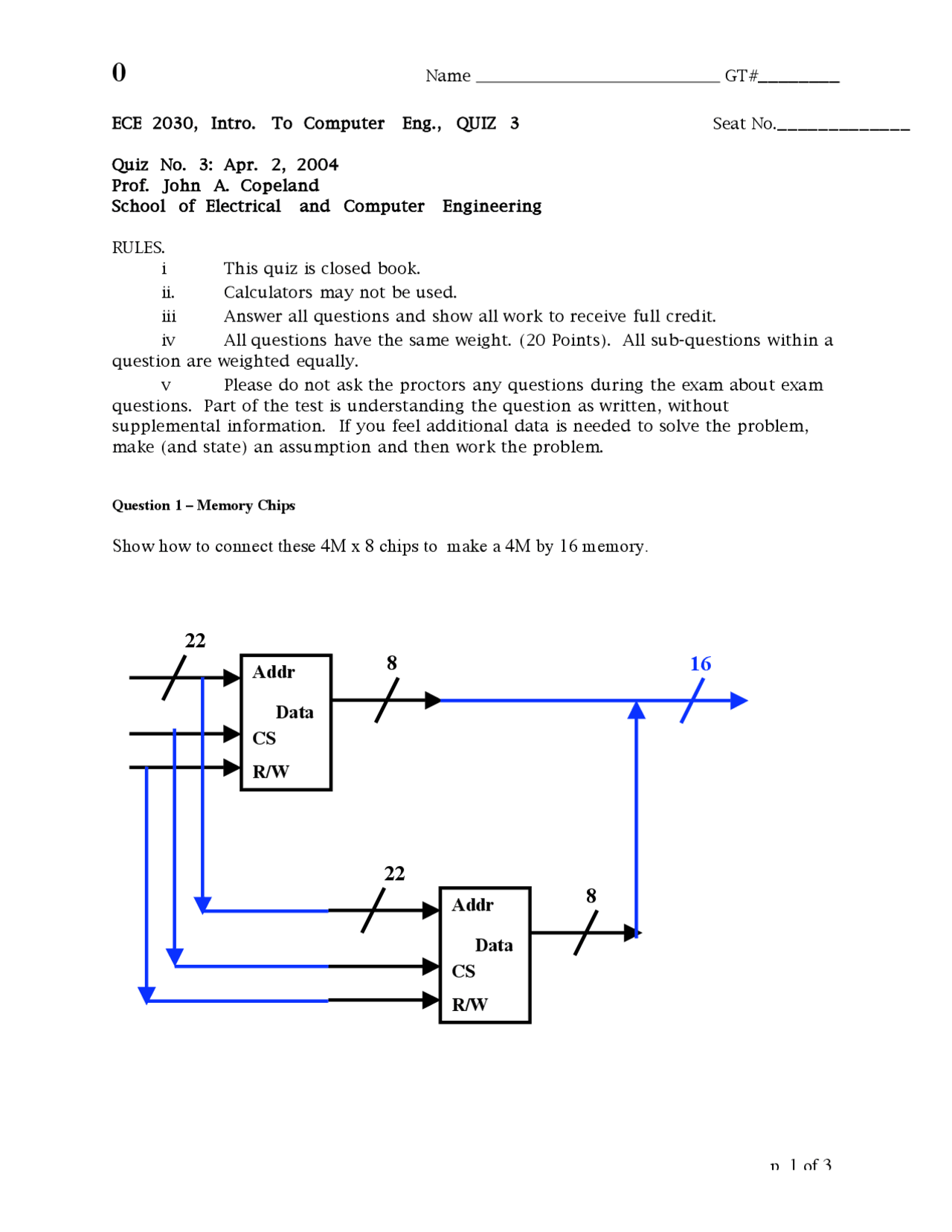 Solved Questions on Memory Chips, Datapath, Shift Registers | ECE 2030 - Docsity
