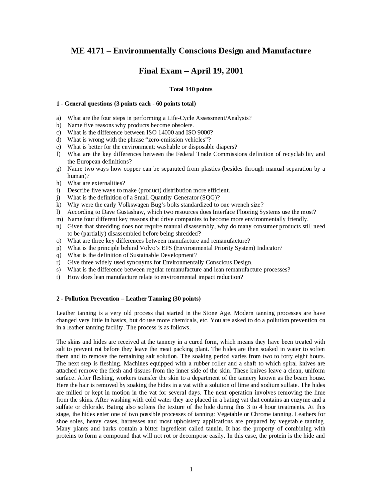 Questions on Environmental Design and Management - Final Exam | ME 4171 ...