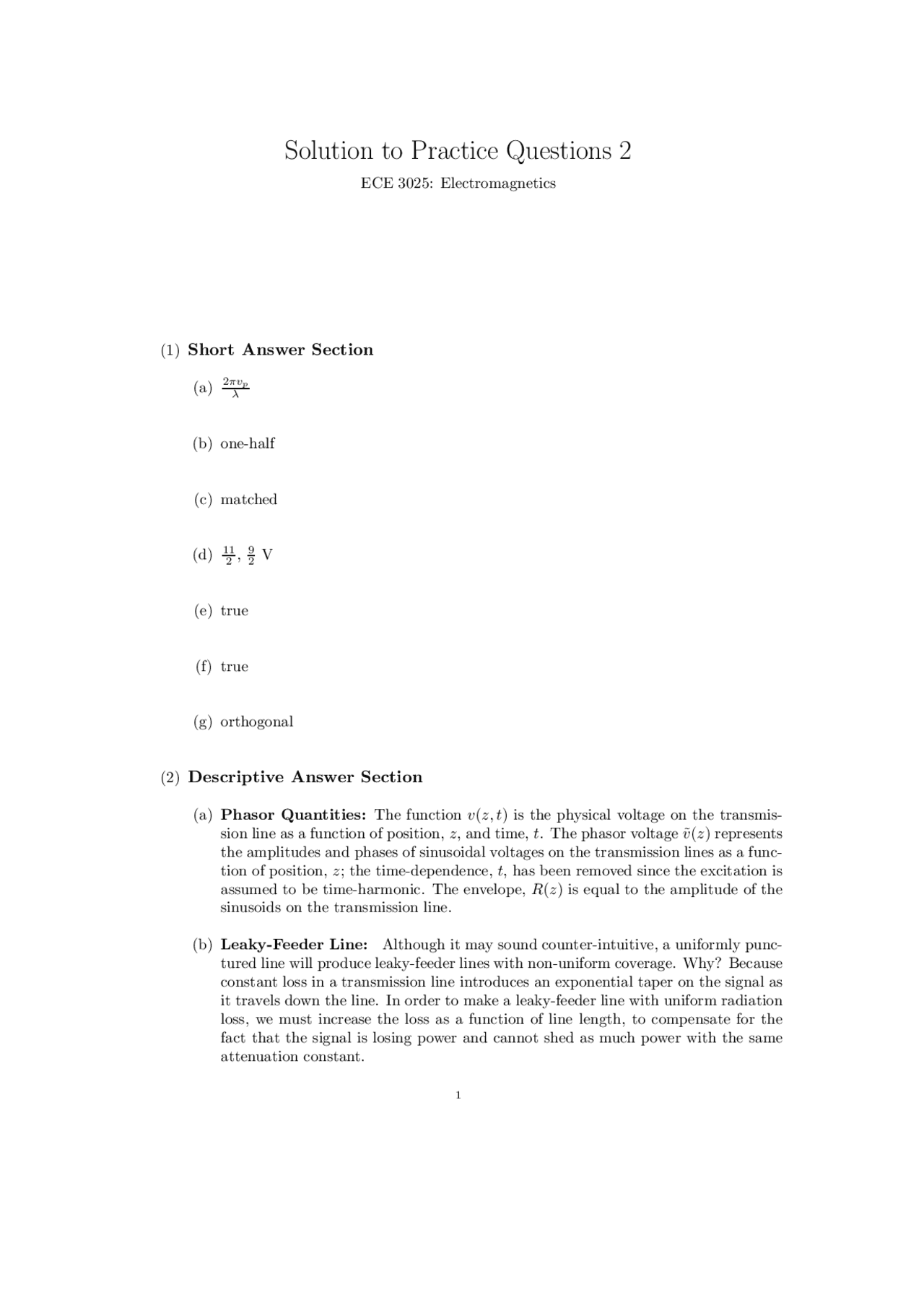 Solution To Practice Questions 2 On Electromagnetics Ece 3025 Docsity
