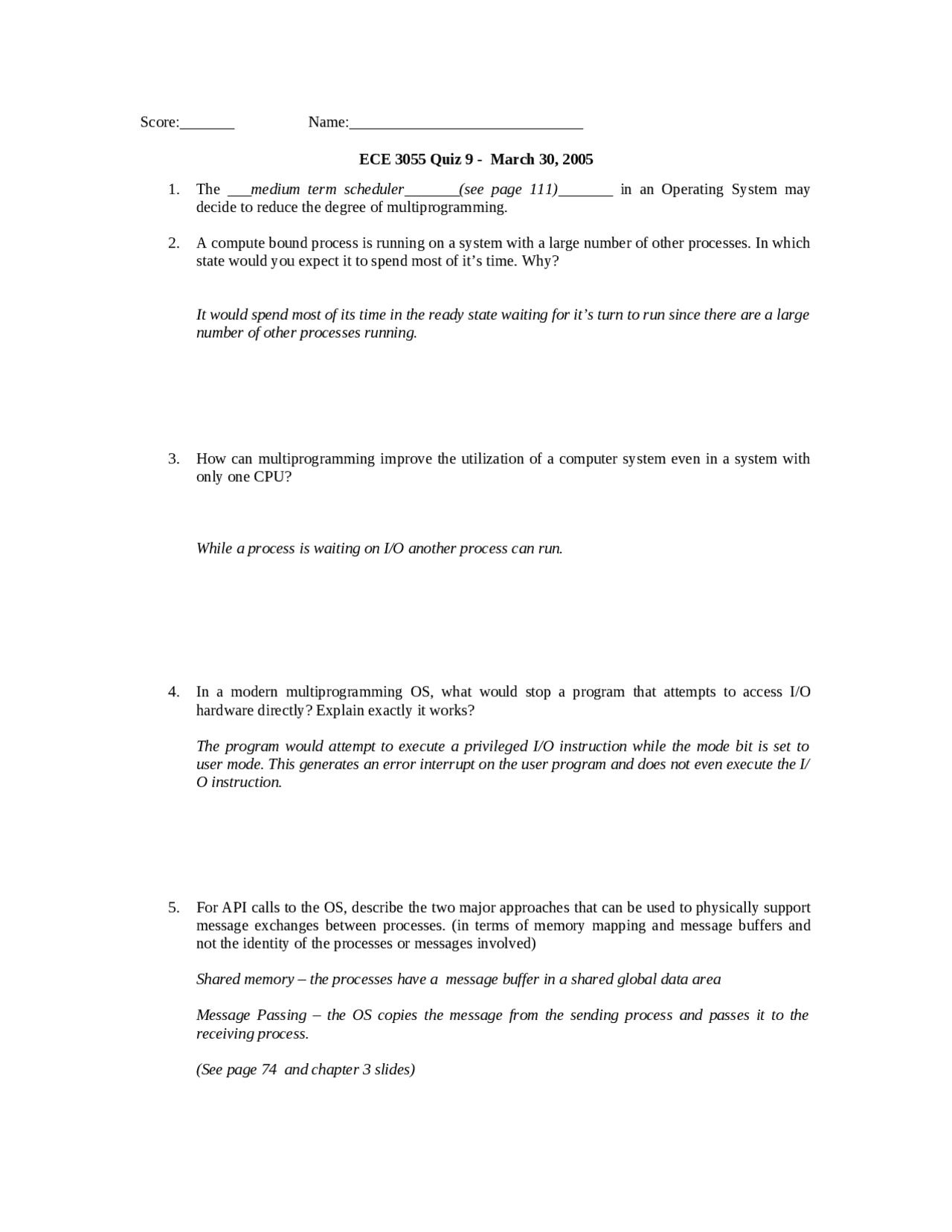 Solutions to Quiz 9 - Computer Architecture and Operation Systems | ECE 3055 - Docsity