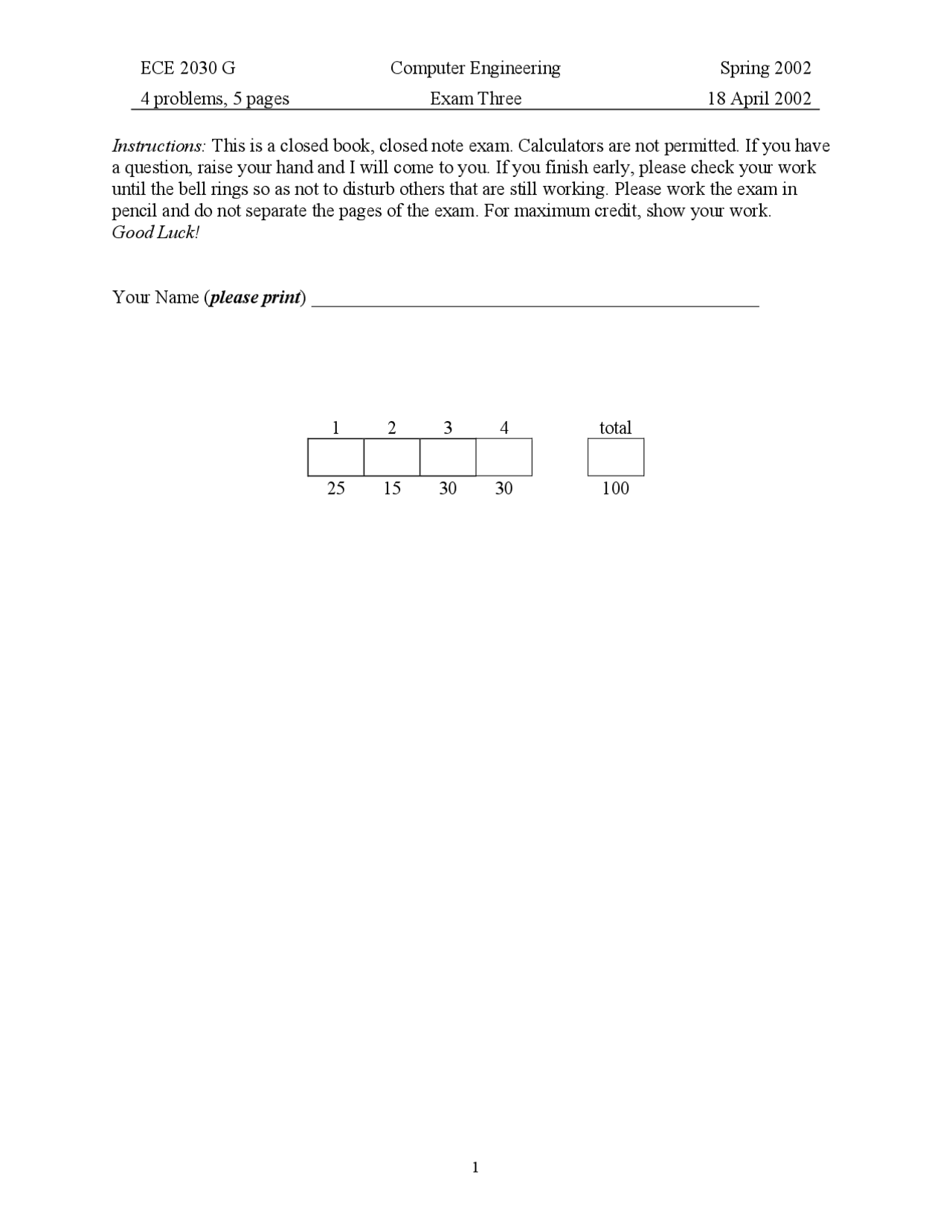 Computer Engineering Exam 3 Problems Ece 2030 Docsity