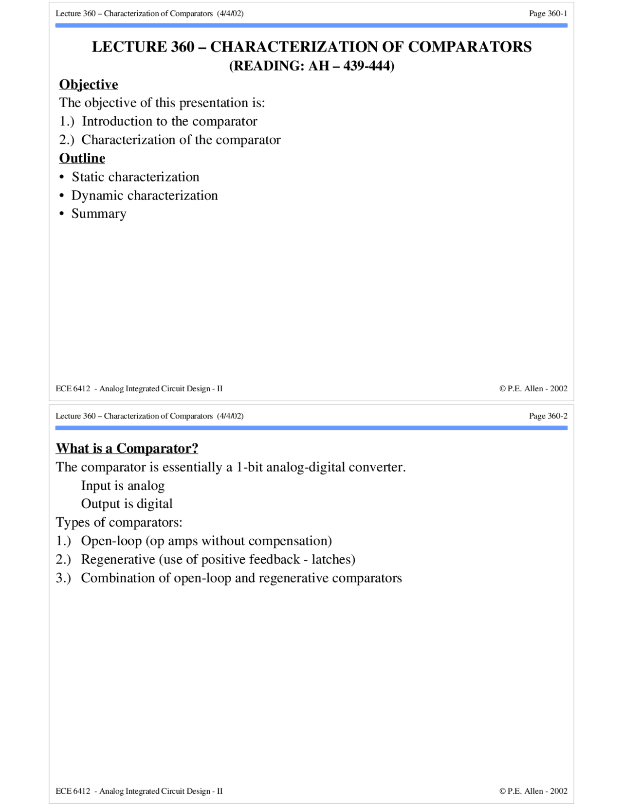 Characterization Of Comparators Analog Integrated Circuit Design