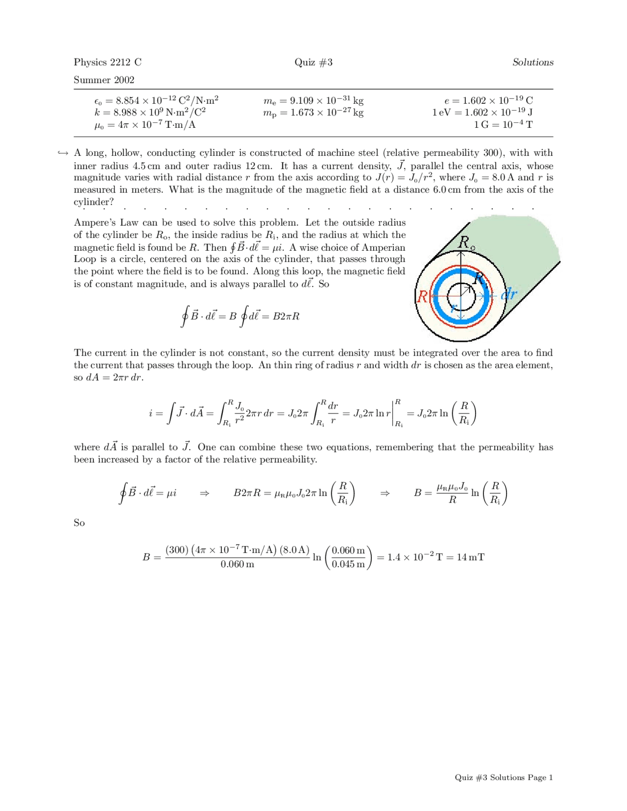 Solutions for Quiz 3 - Introduction to Physics II | PHYS 2212 | Quizzes Physique | Docsity