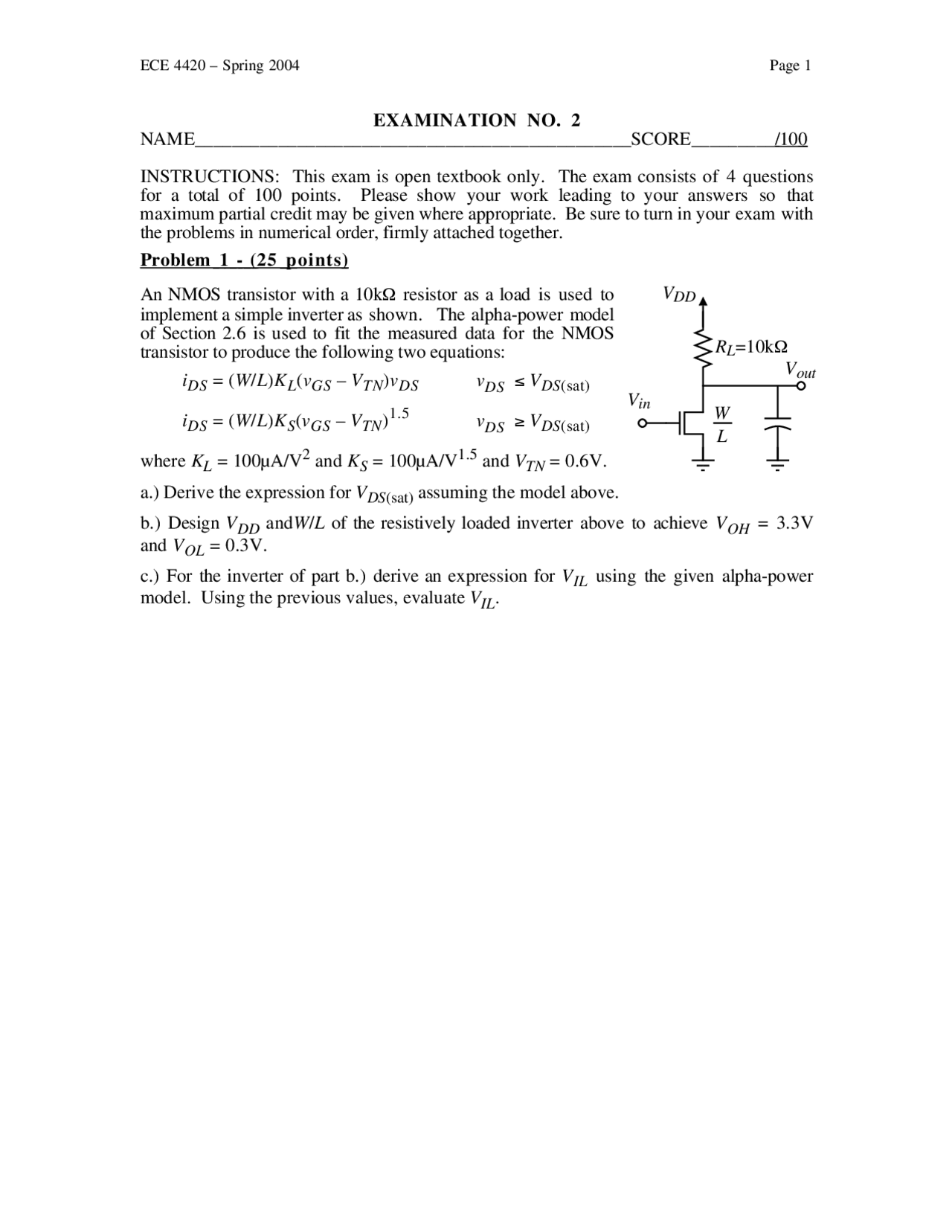 Exam Questions for ECE 4420 - Spring 2004: Designing and Analyzing ...