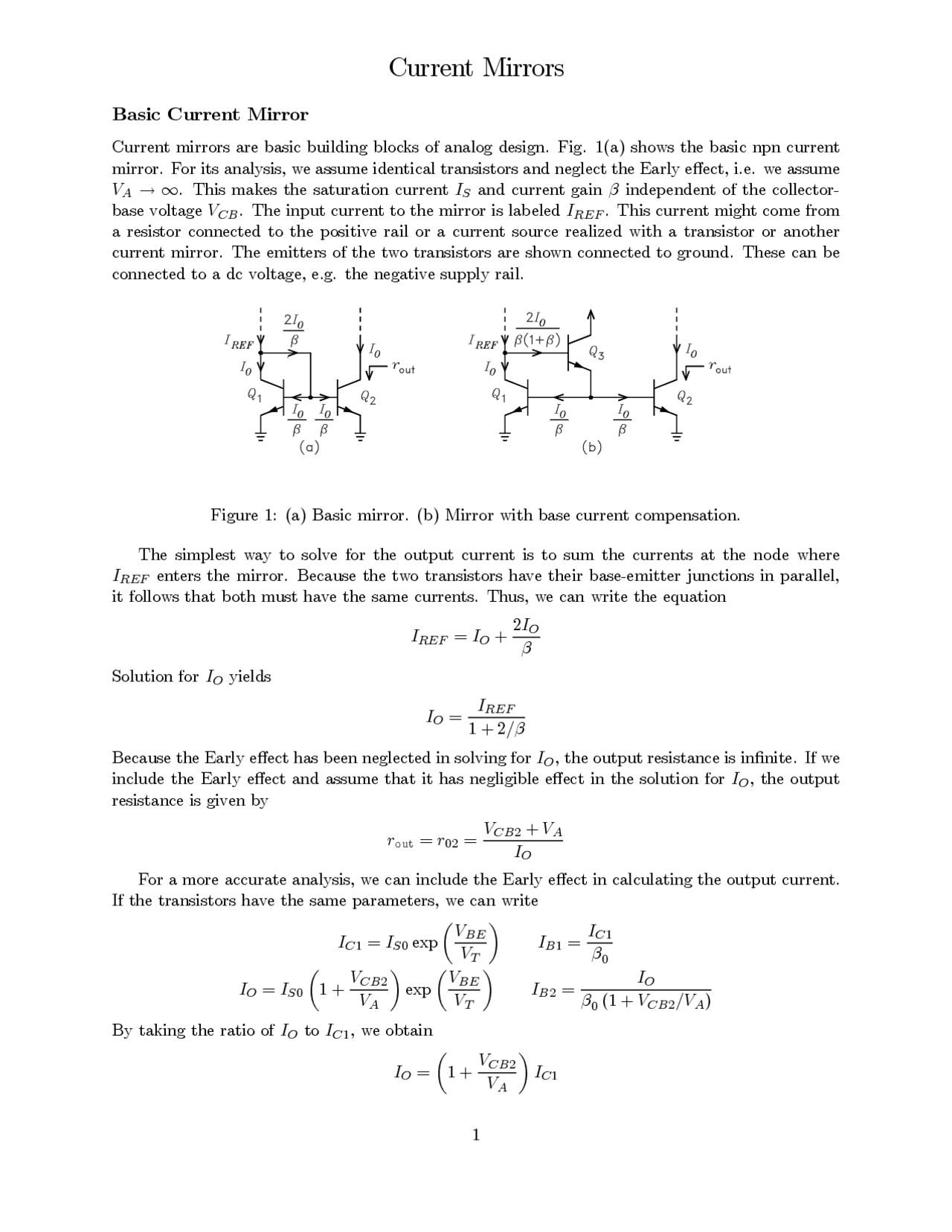 Basic Current Mirrors Analog Electronics Notes Ece 3050 Docsity