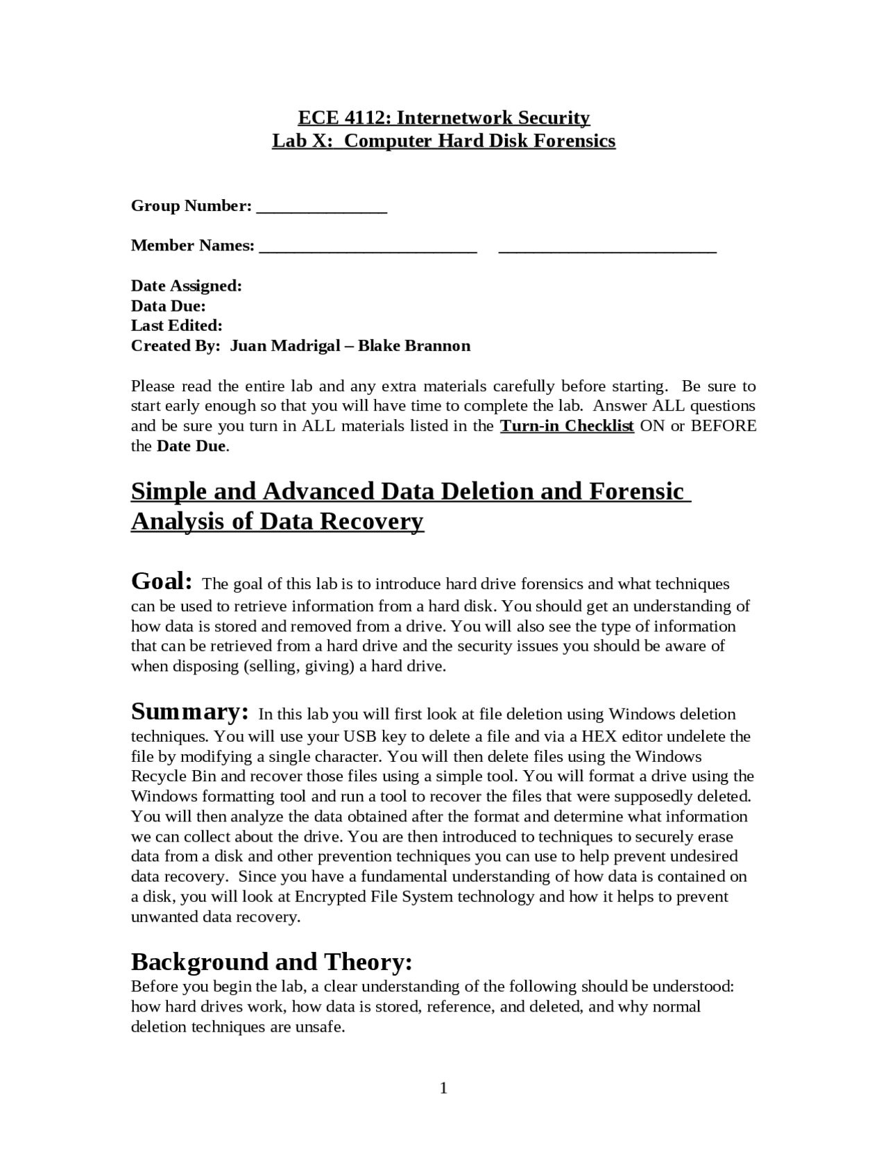 Computer Hard Disk Forensics Internetwork Security Lab X Ece 4112