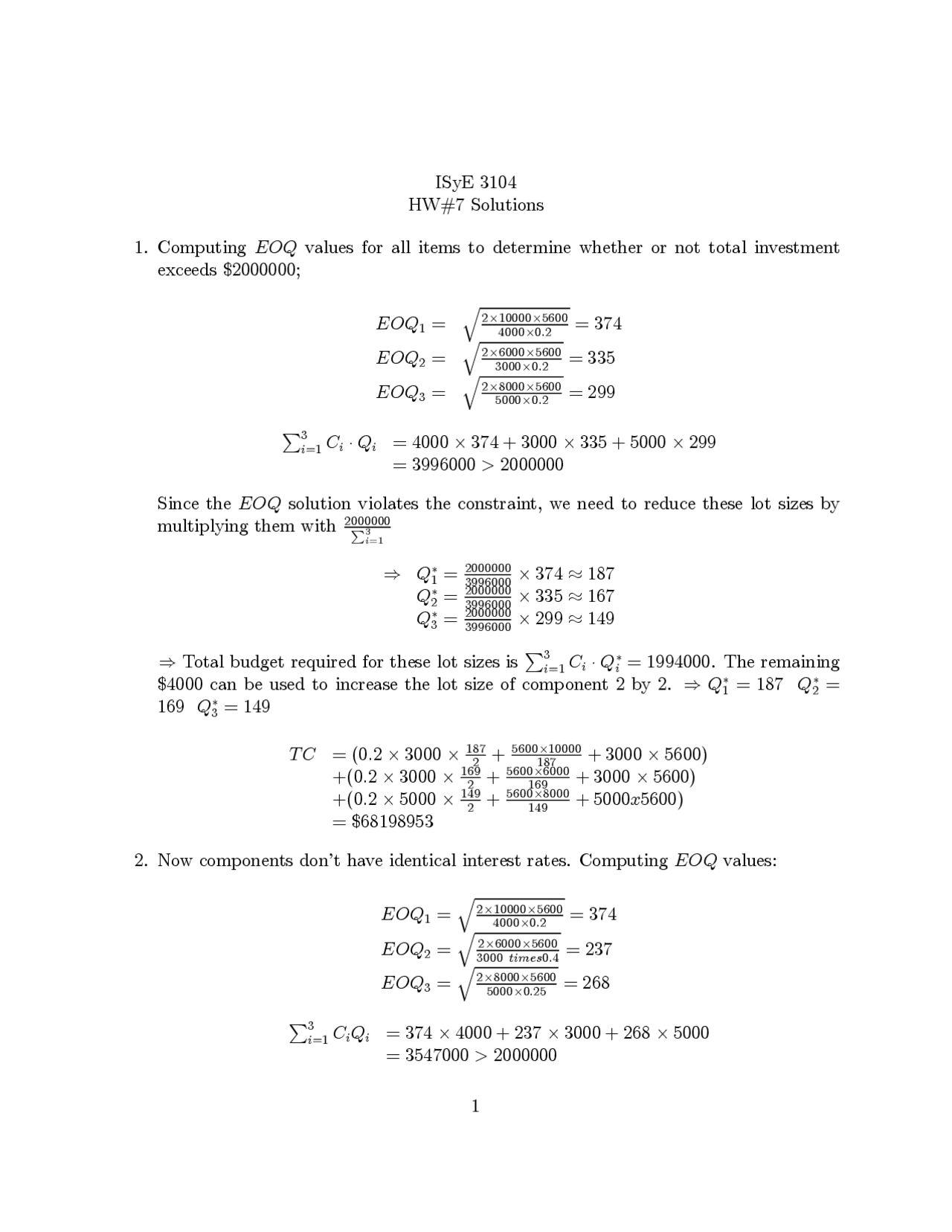 Solutions Of Homework 7 On Supply Chain Model Manufacturing Isye