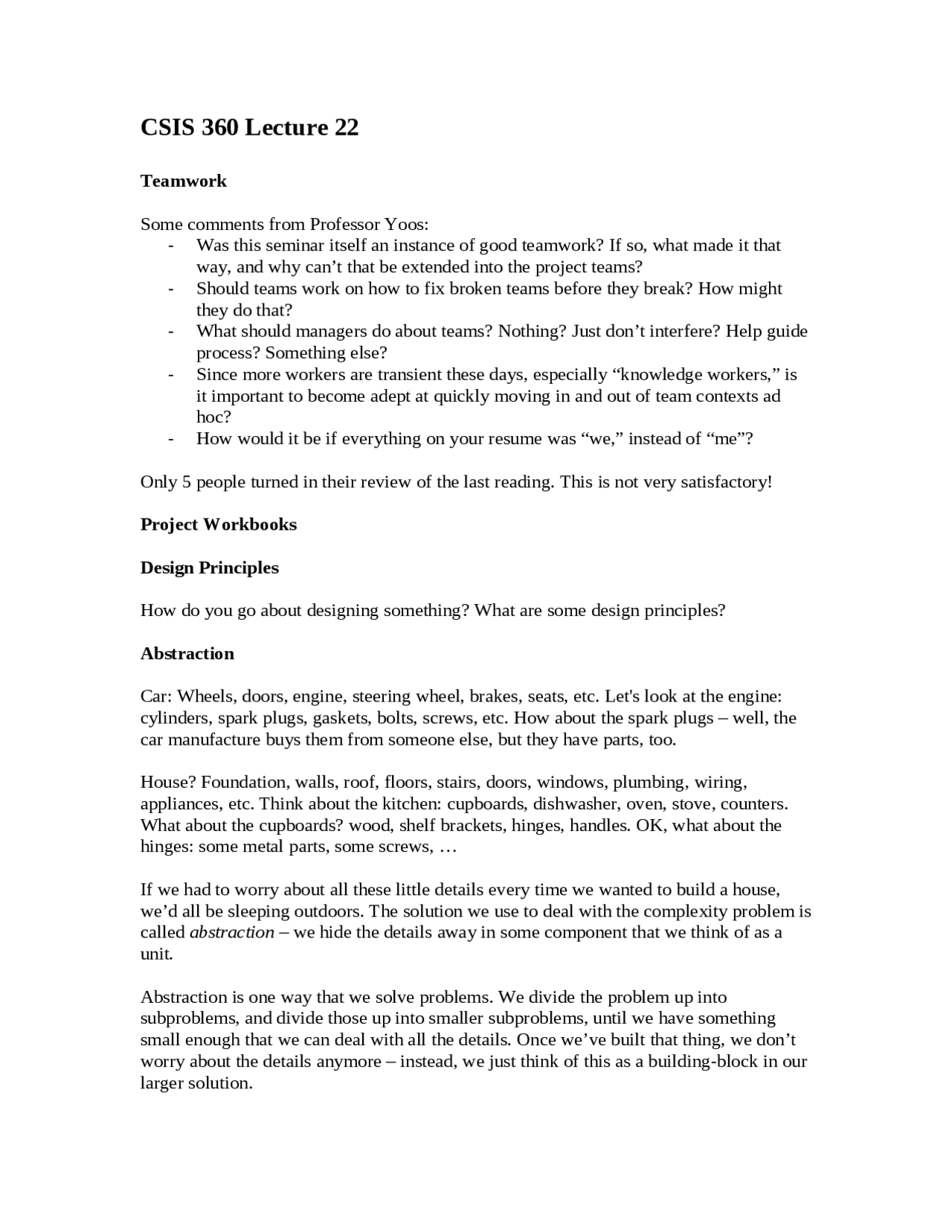 Notes On Teamwork Software Engineering 1 System Analysis Csis 360 Docsity