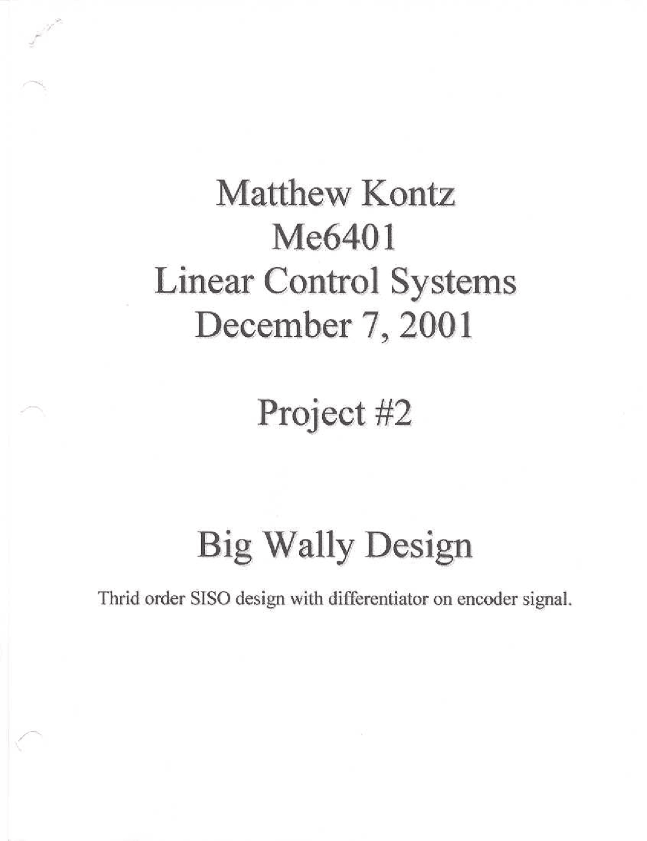 Introduction To Linear Control Systems Project 2 Me 6401 Docsity