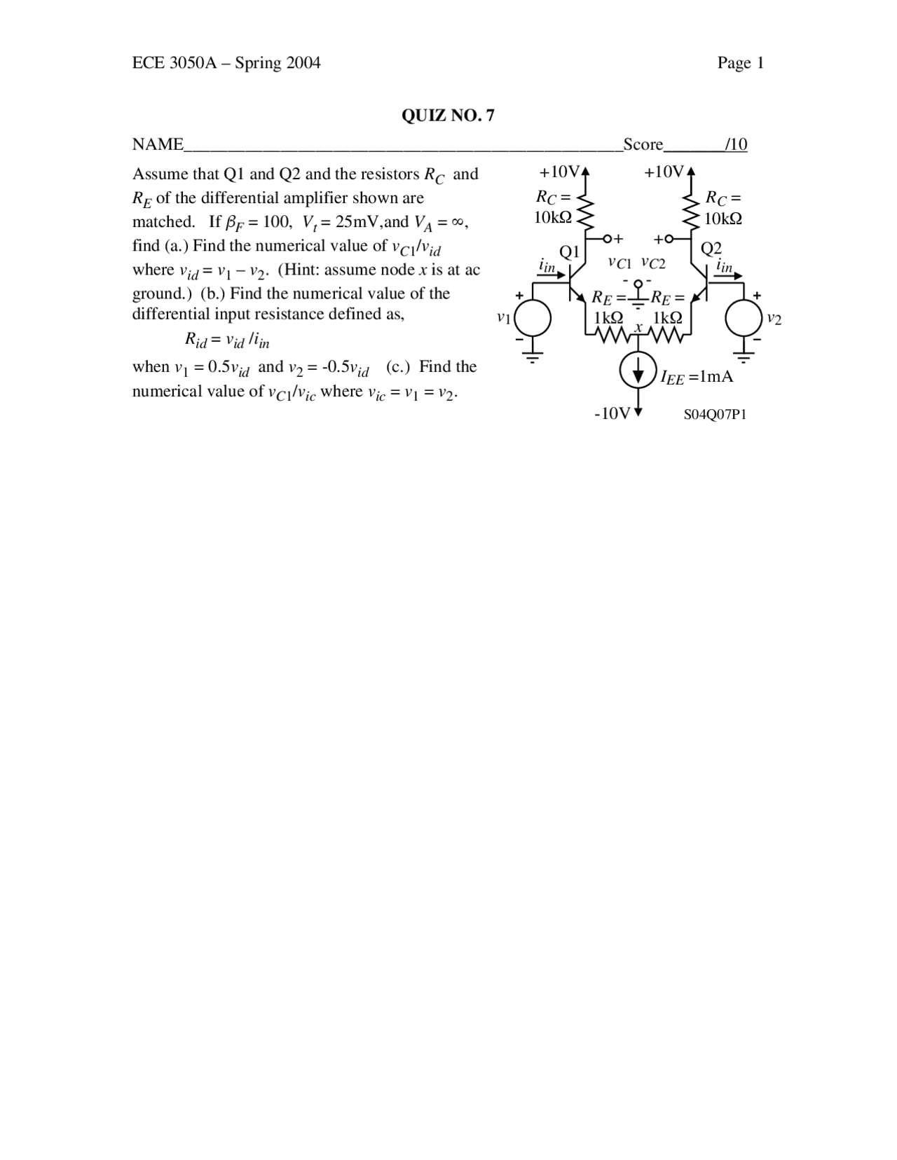 Analogue Electronics Unsolved Problem In Quiz 7 Ece 3050 Docsity