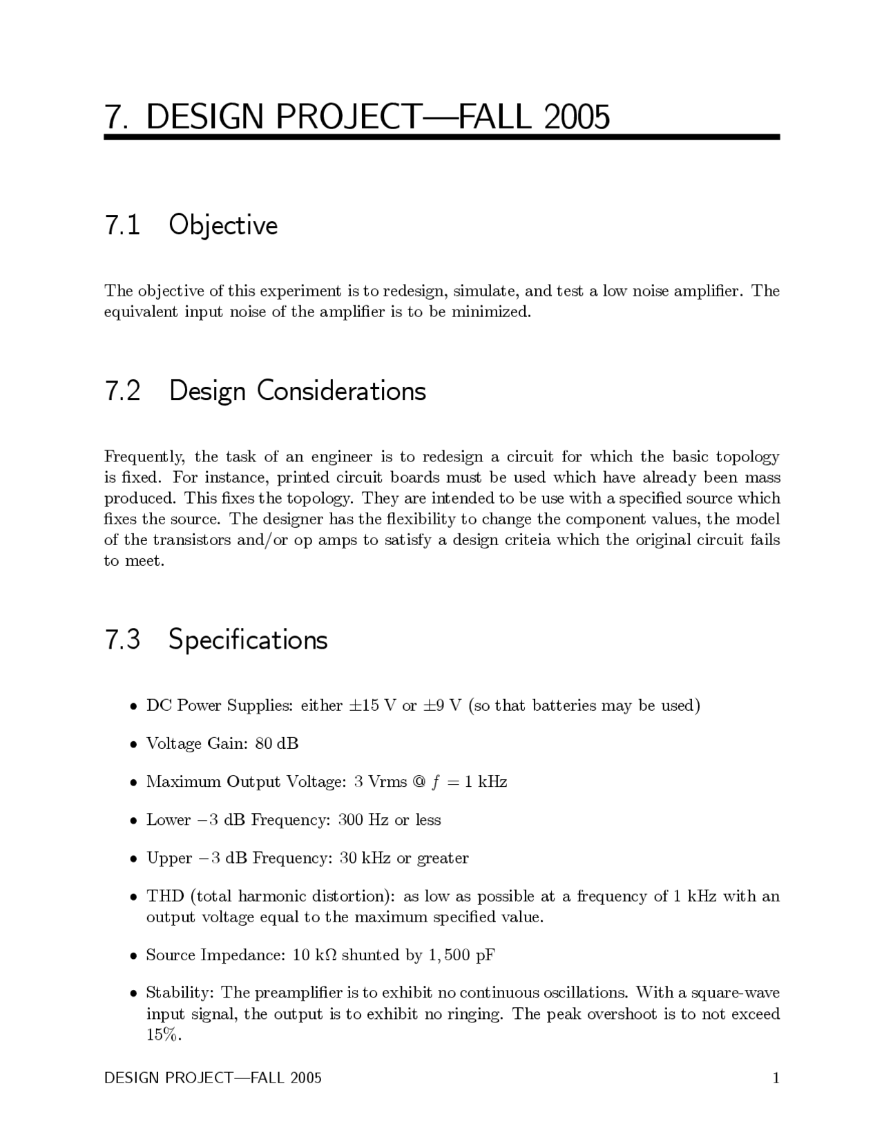 Design Project Low Noise Electronic Design Fall 2005 Ece 6416